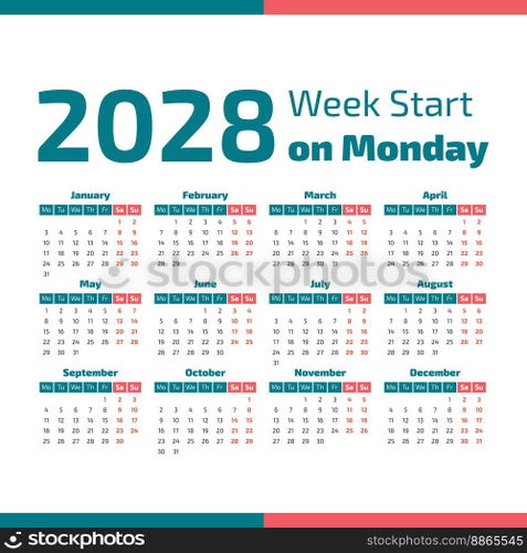 Simple 2028 year calendar, week starts on monday. Simple 2028 year ...