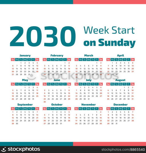 Simple 2030 year calendar, week starts on Sunday. Simple 2030 year ...