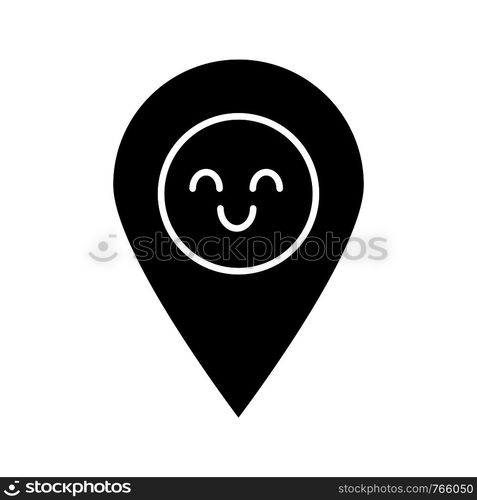 Smiling map pin character glyph icon. Easy GPS navigation. Happy map ...