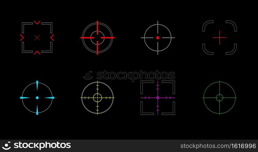Sniper scopes, crosshair icon set. Optical sight. Military optical instrument. Flat vector ...