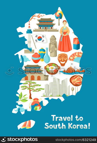 South Korea map design. Korean traditional symbols and objects. South ...