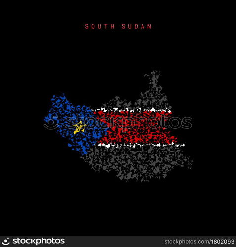 South Sudan flag map, chaotic particles pattern in the colors of the ...