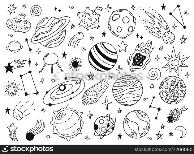 Space doodles. Sketch space planets, hand drawn celestial bodies, earth ...