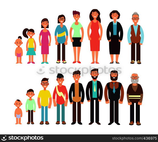 Stages of growth people. Children, teenager, adult, old man and woman ...