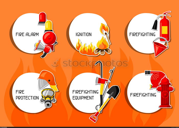 Stickers with firefighting items. Fire protection equipment. Stickers ...