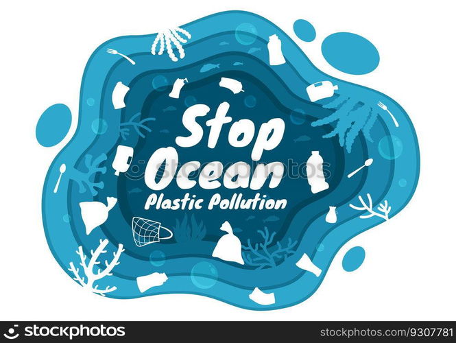 Stop Ocean Plastic Pollution Vector Illustration With Trash Under The