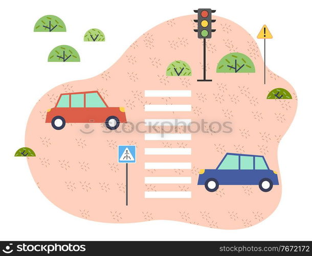 Street traffic. Cars, traffic lights, pedestrian crossing, road signs ...