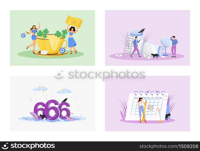 Superstitions flat concept vector illustrations set. Good and bad luck ...