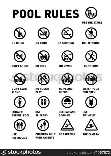 Swimming pool rules. Icons and symbol for pool.. Swimming pool rules ...