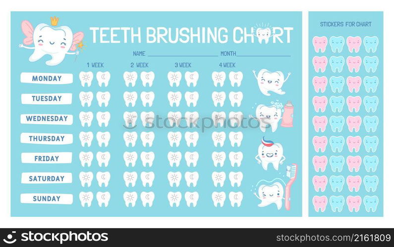 Teeth brushing chart calendar for kids with cartoon character. Cute ...