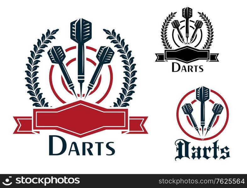 Darts emblem with crossed a dart board and darts over a blank ribbon ...