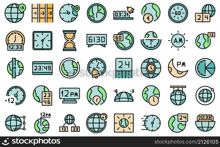 Time zones icons set outline vector. Clock hour. Calendar earth. Time zones icons set vector ...