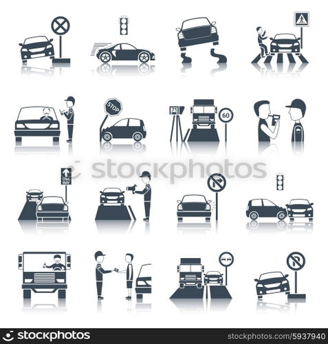 Traffic violation and road security black icons set isolated vector ...
