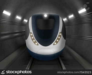 Subway train in metro tunnel front view, locomotive on rails with glowing headlights ...