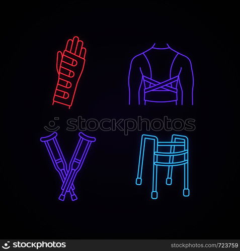 Trauma treatment neon light icons set. Wrist brace, posture corrector ...