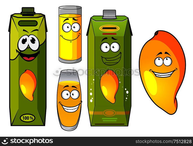 Tropical mango juice cartoon characters with funny smiling yellow mango ...