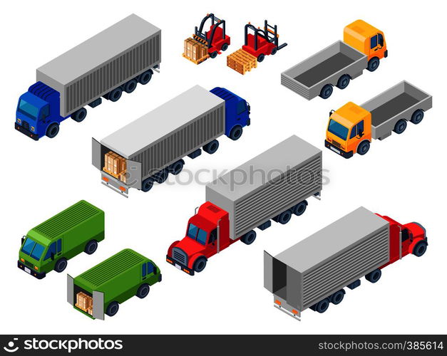 Trucking logistic isometric trucks. Loading truck, cargo container ...