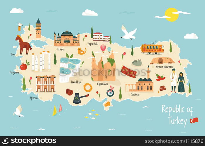 Turkey illustrated map with famous landmarks, symbols. For prints ...
