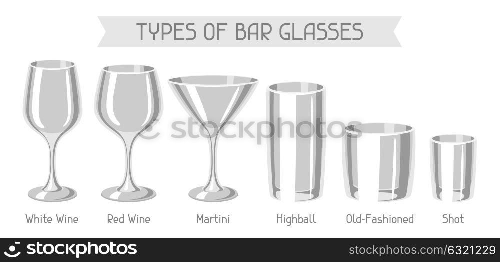 Types of bar glasses. Set of alcohol glassware. Types of bar glasses ...