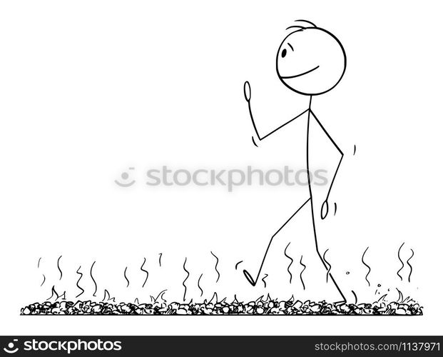 Vector cartoon stick figure drawing conceptual illustration of firewalk ...