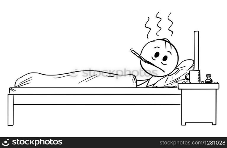 Vector cartoon stick figure drawing conceptual illustration of sick man ...