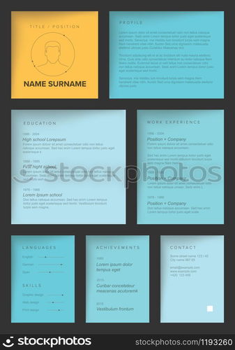 Vector dark minimalist cv / resume template with blue blocks design ...