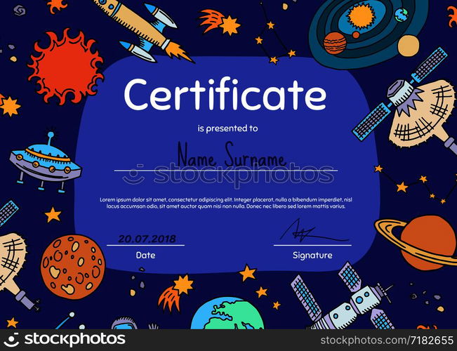 Vector diploma or certificate for children with hand drawn space ...