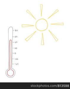 Vector hand-drawn illustration of hot weather, sun and thermometer ...