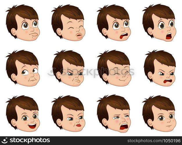 Vector illustration big set of cute little boy faces showing different emotions. Big set of cute ...