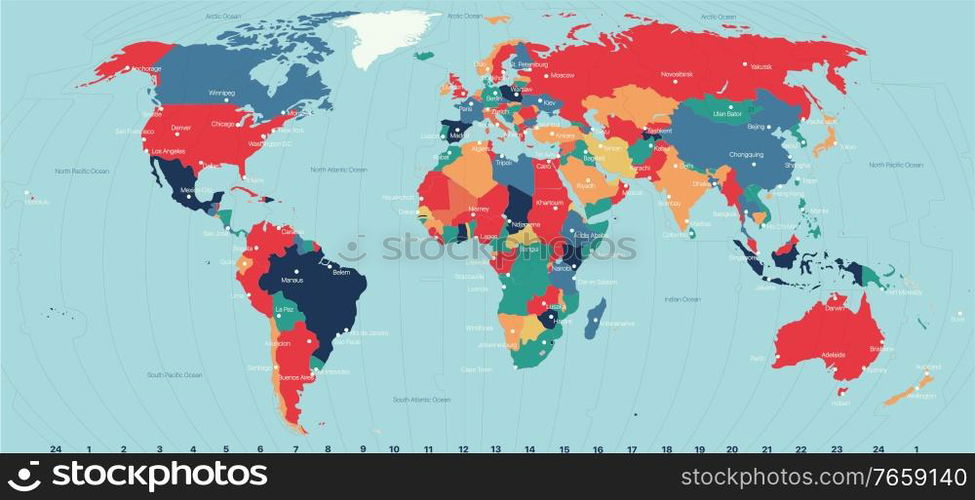 Vector Timezone world map color illustration. Vector editable ...