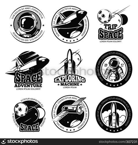 Vintage space, astronautics, shuttle flight vector labels, logos ...