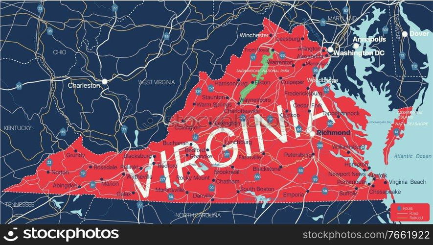 Virginia state detailed editable map with cities and towns, geographic ...