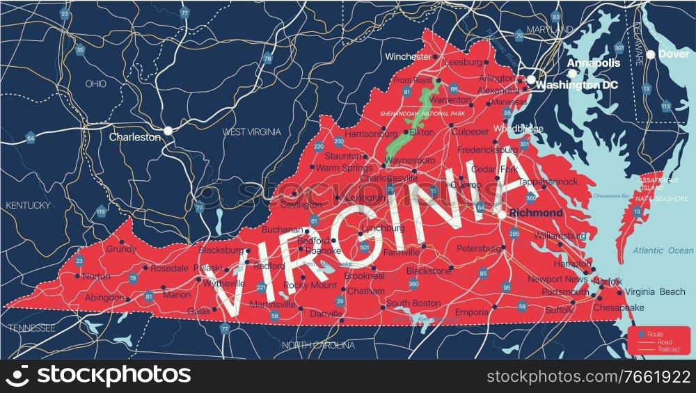 Virginia state detailed editable map with cities and towns, geographic ...