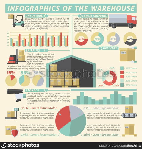 Warehouse infographic set with logistics and transportation symbols and ...