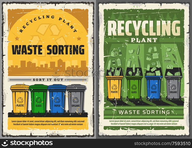 Wastes sorting and garbage recycling retro posters. Vector waste bins ...