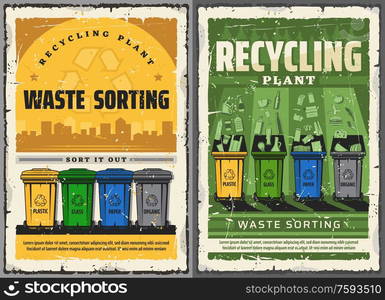 Wastes sorting and garbage recycling plant poster. Vector waste bins ...