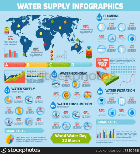 Water supply infographics with plumbing economy consumption symbols and ...