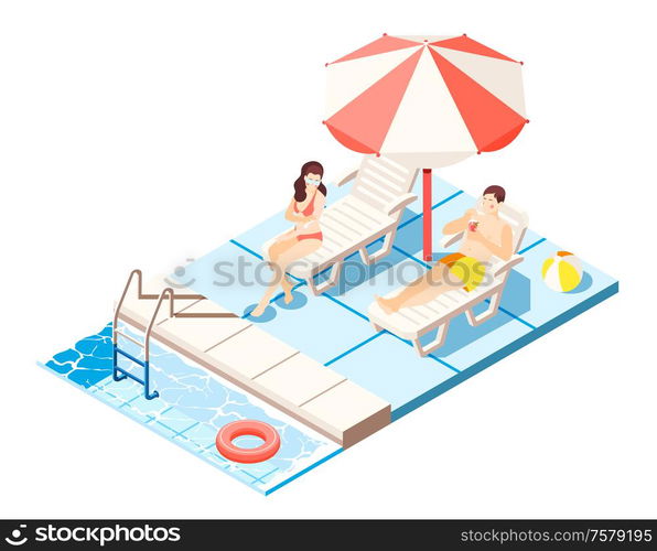 Waterpark Isometric Composition With Swimming Pool And Chaise Lounges