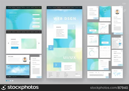 Website template design with interface elements. Bokeh defocused backgrounds. Vector ...