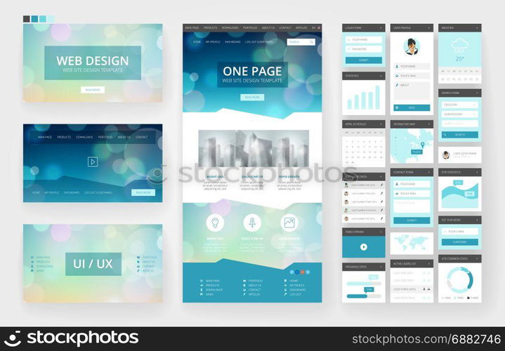 Website template, one page design, headers and interface elements. Bokeh defocused backgrounds ...
