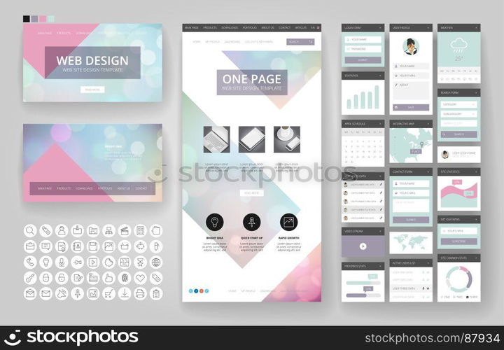 Website template, one page design, headers and interface elements. Bokeh defocused backgrounds ...