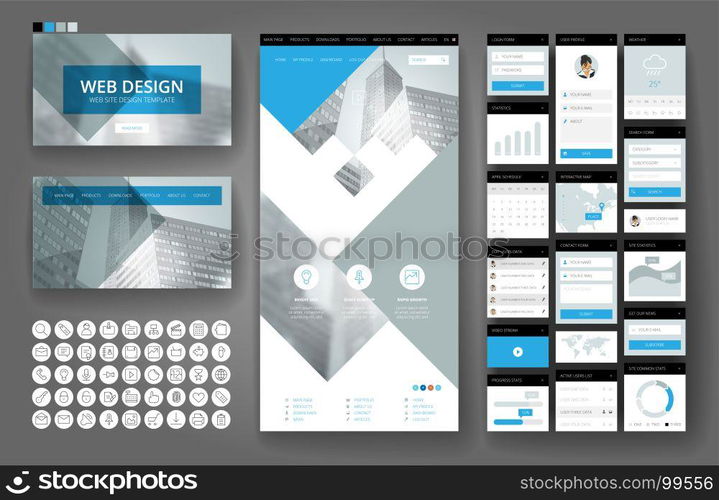 Website template, one page design, headers and interface elements ...