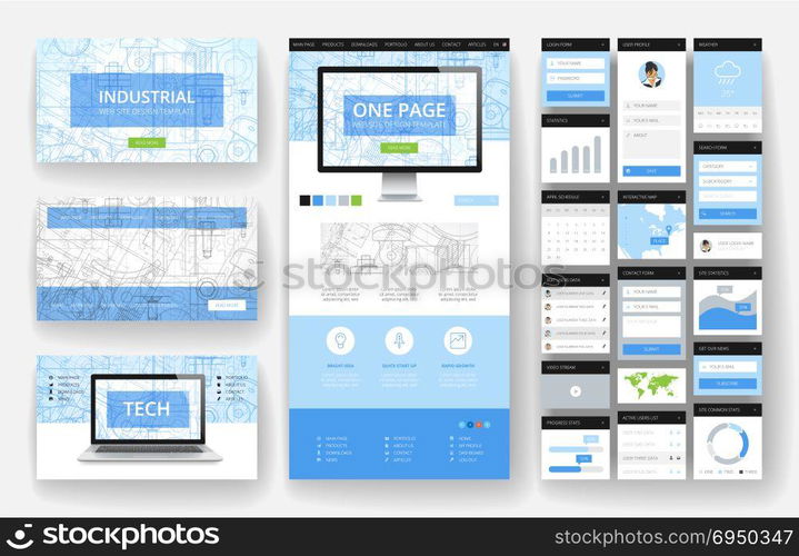 Website template, one page design, headers and interface elements ...
