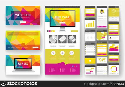 Website template, one page design, headers and interface elements. Low poly abstract backgrounds ...