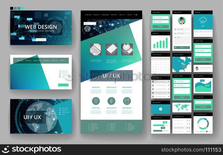 Website template, one page design, headers and interface elements ...