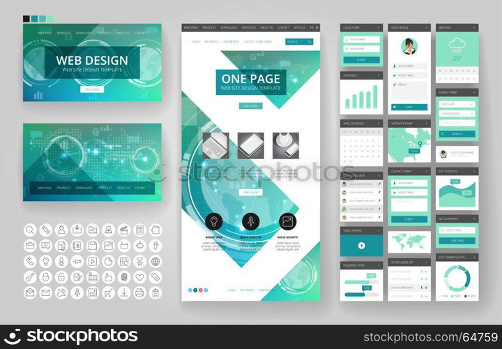 Website template, one page design, headers and interface elements ...