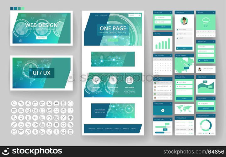 Website template, one page design, headers and interface elements ...