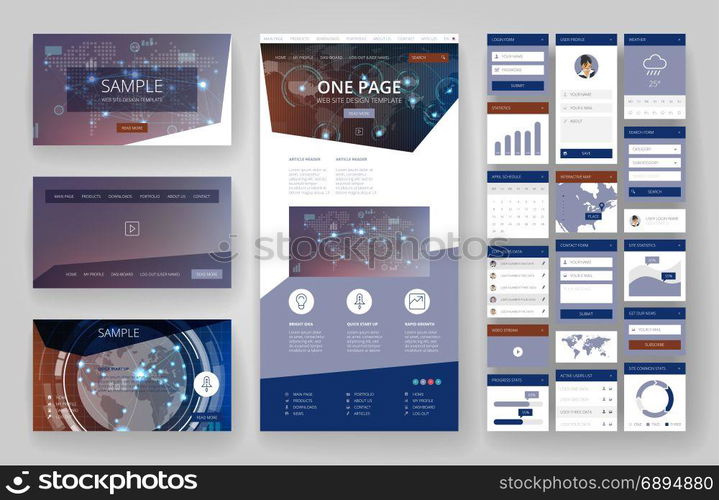 Website template, one page design, headers and interface elements ...