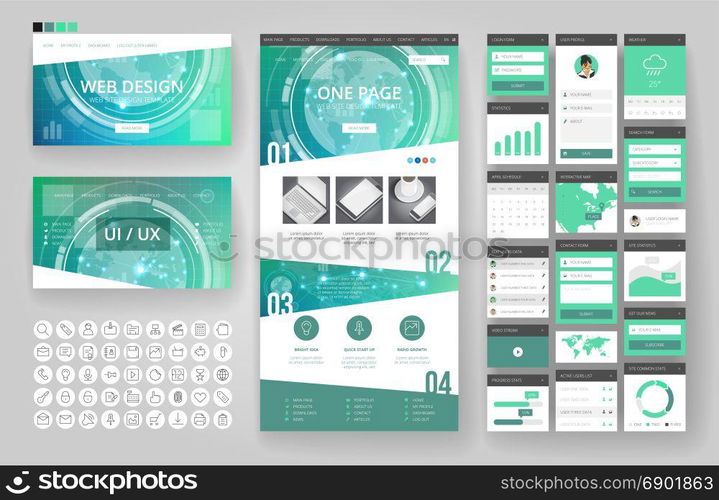 Website template, one page design, headers and interface elements ...