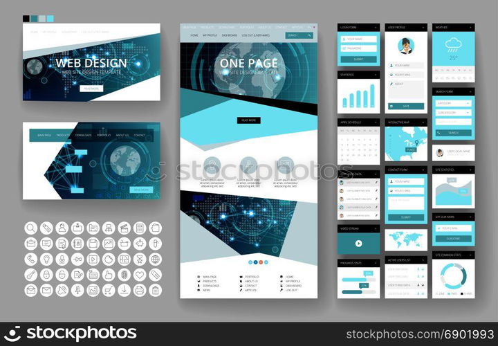Website template, one page design, headers and interface elements ...